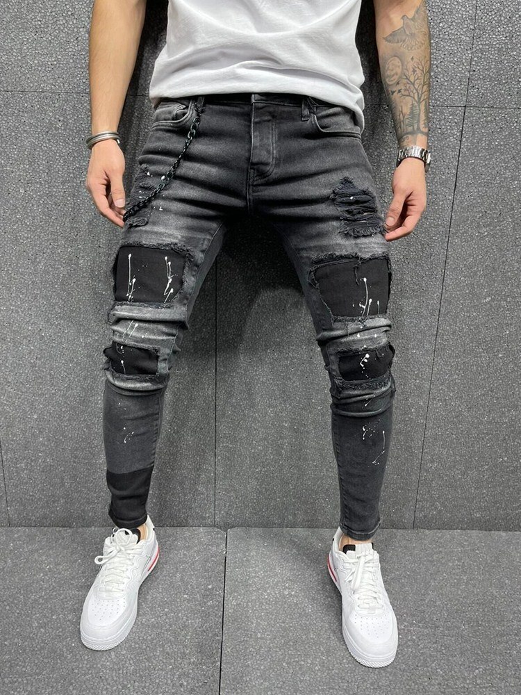 Personality FashionMen Ripped Skinny Jeans Black P... – Grandado