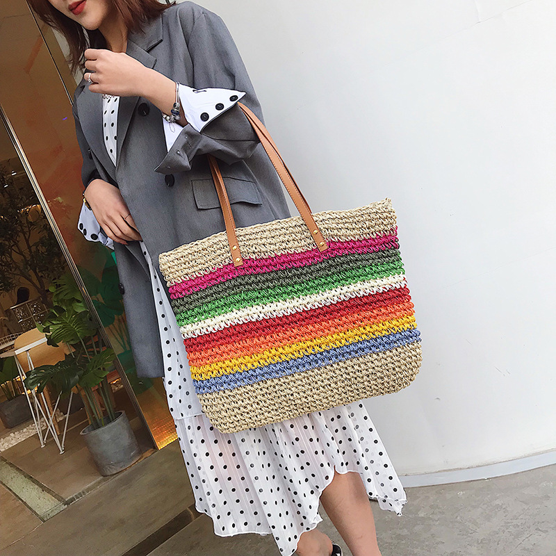 Women Rainbow color Handbag Beach Bag Rattan Woven... – Vicedeal