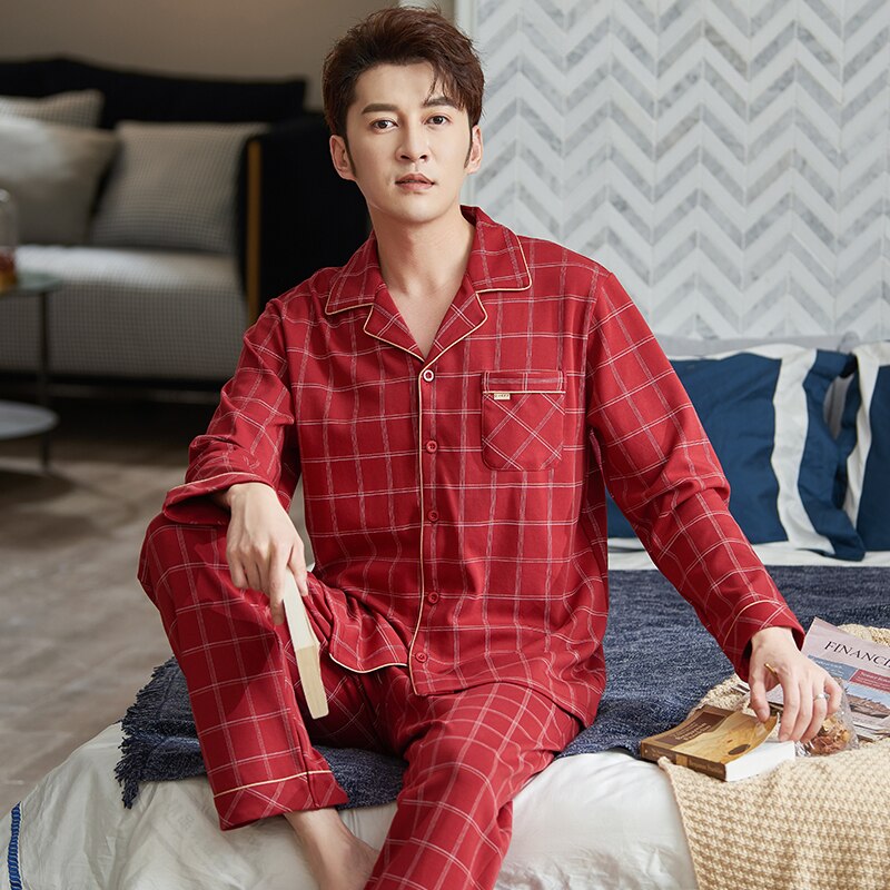 Plaid Pyjamas Mens Long-Sleeve Full Cotton Male Sl... – Grandado