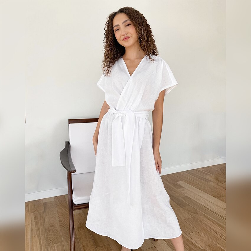 Hiloc White Cotton Dresses Short Batwing Sleeve Sp... – Grandado