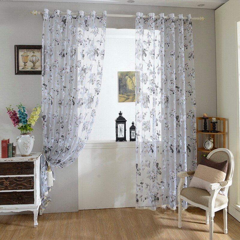 tulle Sheer Curtains Flower Printed Curtain Window... – Grandado