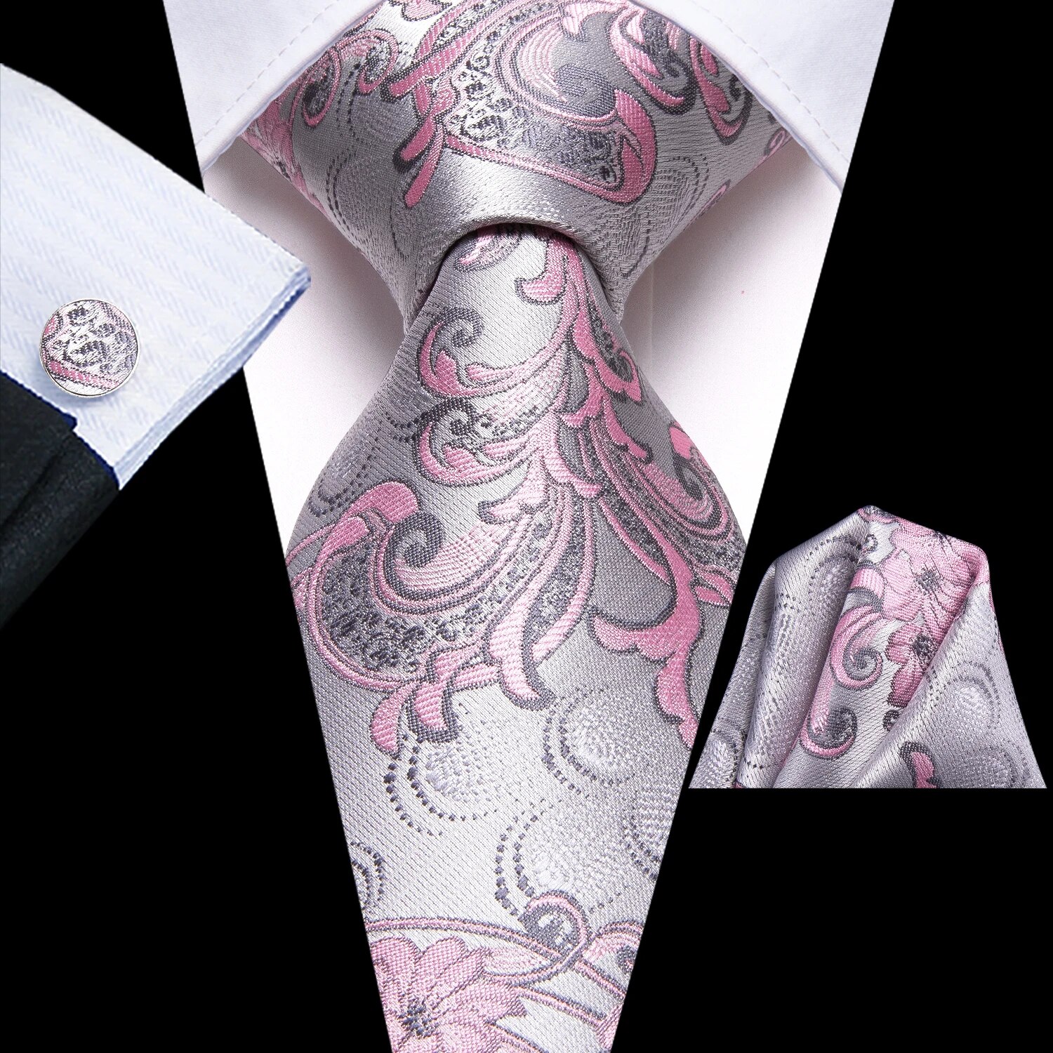 Hi-Tie Peach Pink Silver Floral Silk Wedding Tie F... – Grandado