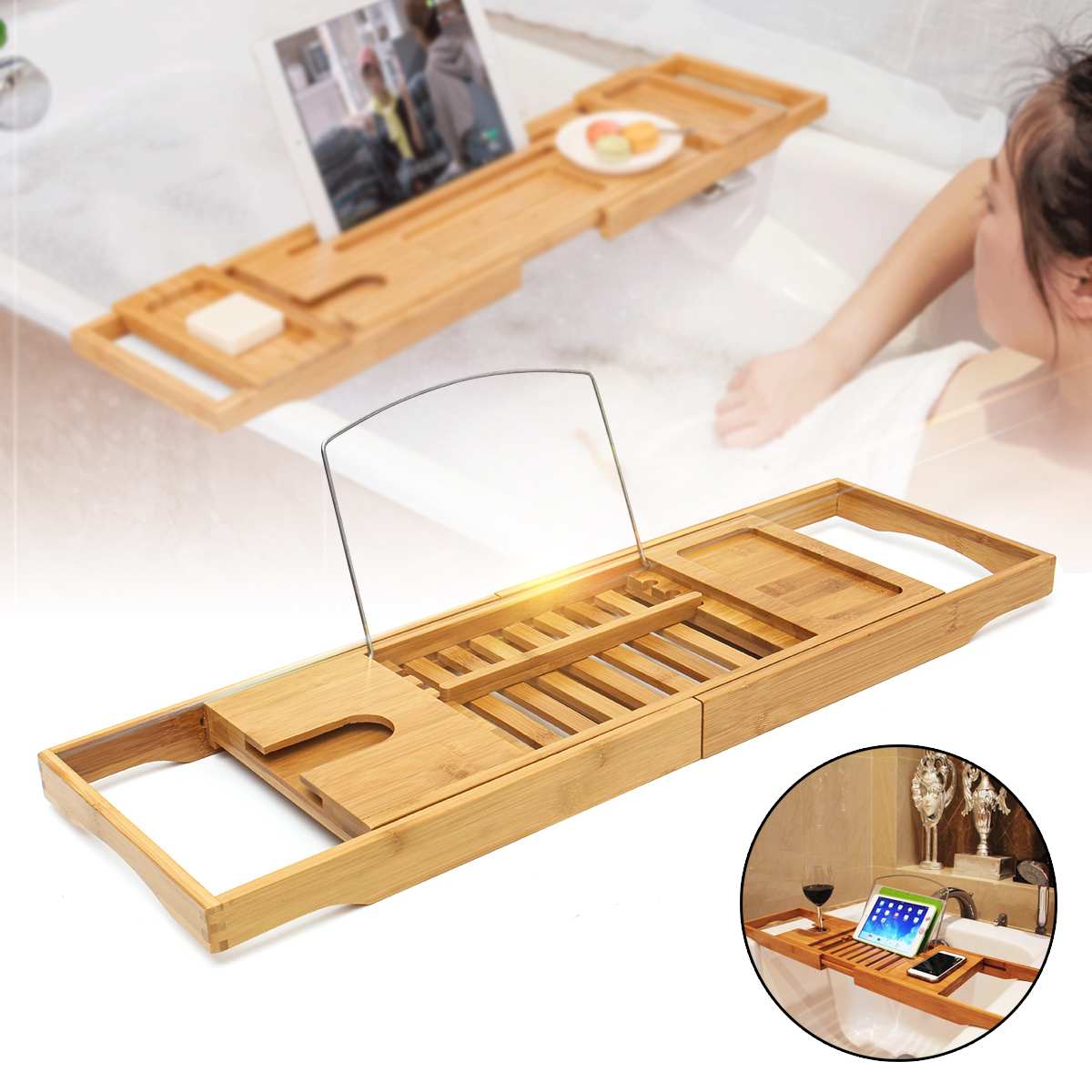 Extendable Bamboo Bath Caddy Tray Adjustable Home ... – Vicedeal