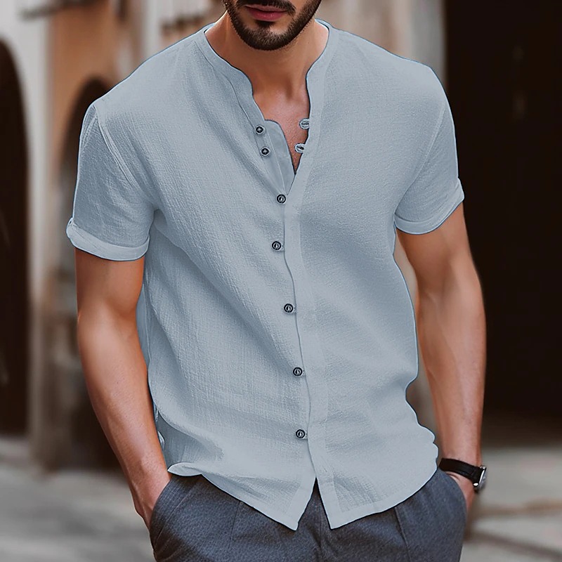 men's collarless short sleeve Polo shirt men's bea... – Grandado