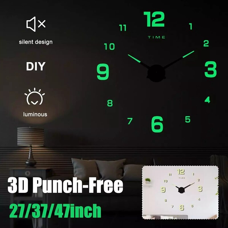 DIY 3D Punch-Free Wall Clock Silent Quartz Luminou... – Grandado