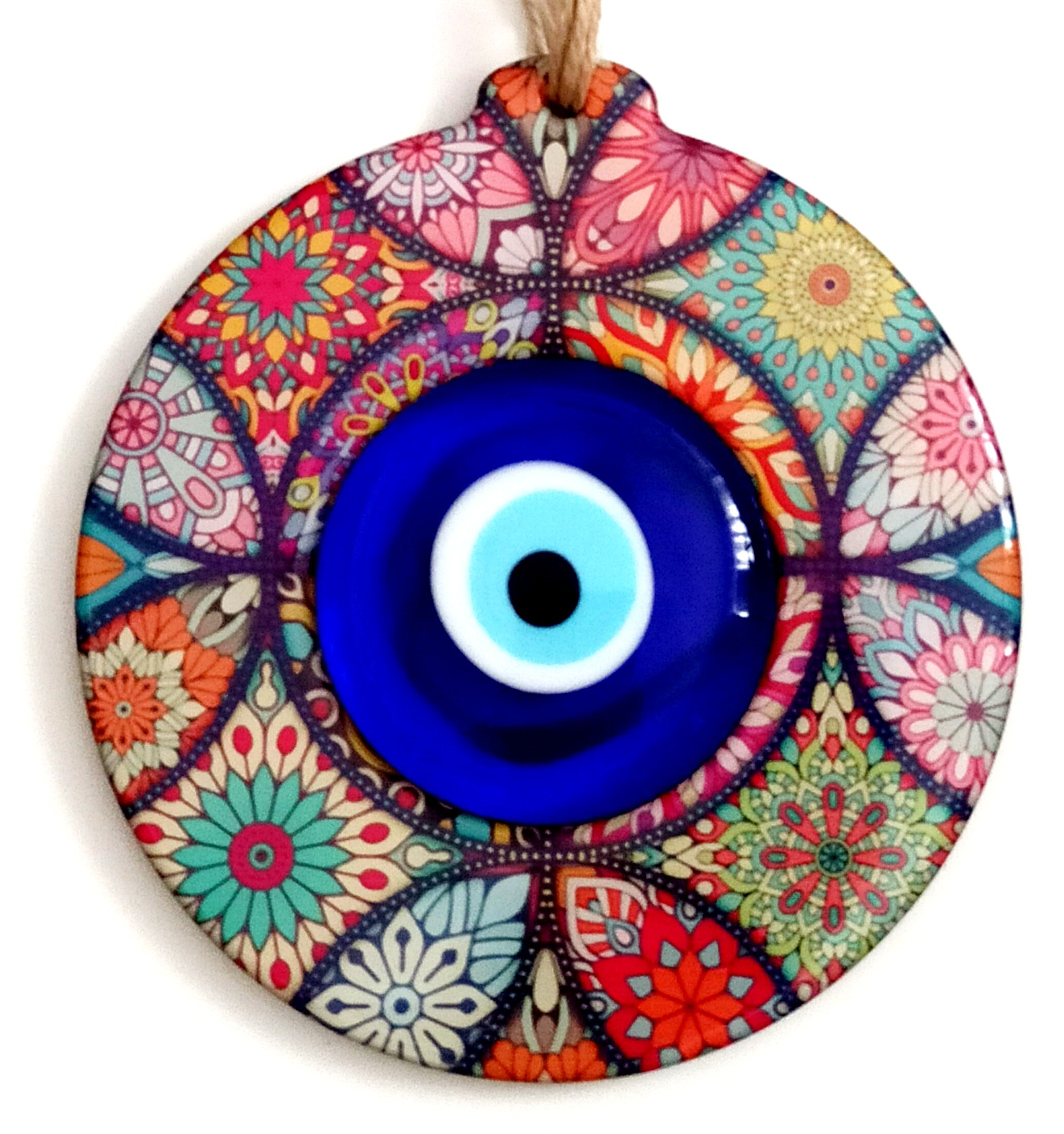 Wooden Mandala Patterned Glass Evil Eye Beaded Wal... – Grandado