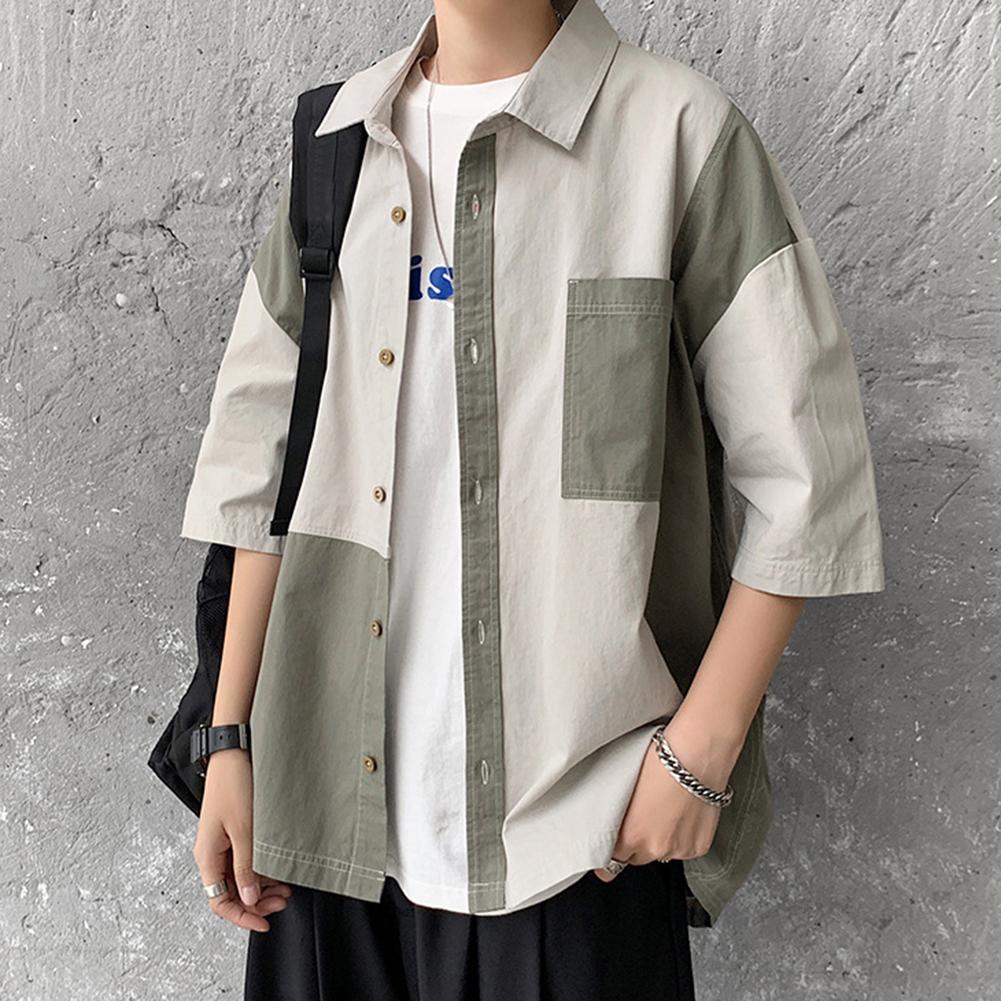 Stitching Color Contrast Short Sleeve Shirt Pocket... – Grandado