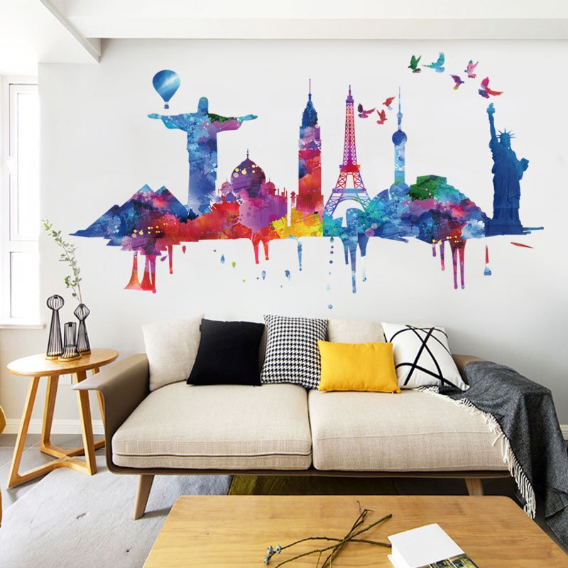 Colored Famous World Building Wall Sticker 130x70c... – Grandado