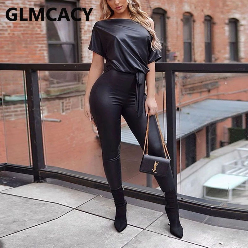 Women Skew Neck PU Jumpsuit Biker Overalls Slim Ju... – Vicedeal