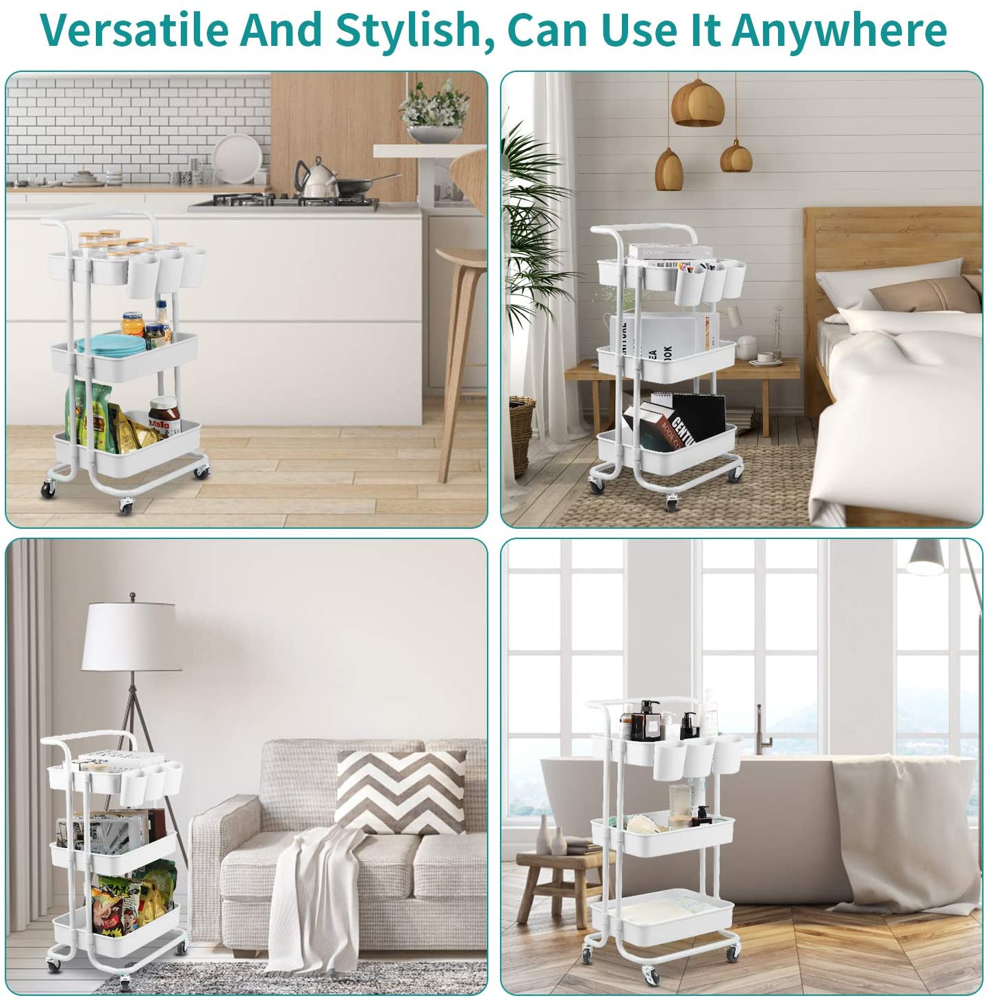 3-Tier Rolling Cart, Storage Trolley on Wheels, AB... – Grandado