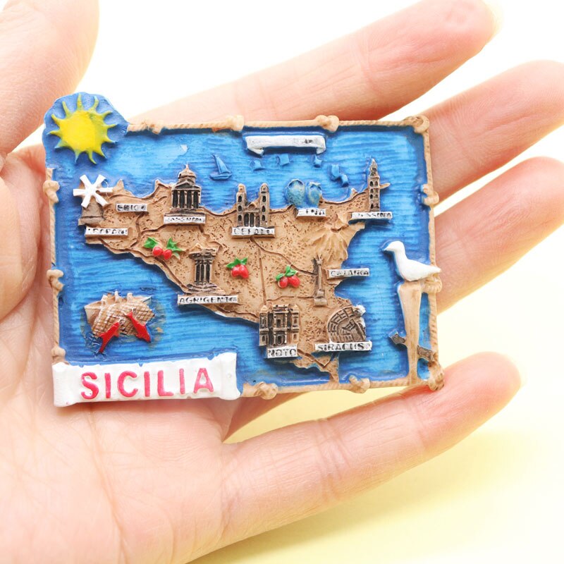 Kylmagnet sicilien souvenir blå fyrkantig karta ko... – Vicedeal