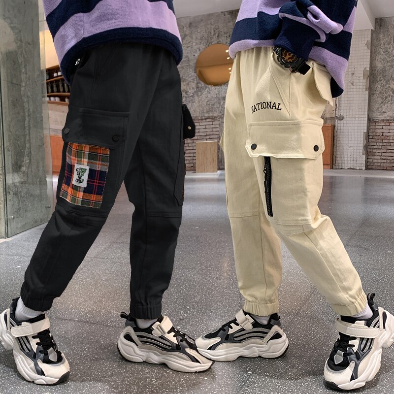 Solid Cotton Boys Cargo Pants Elastic Waist Mid Sp... – Grandado