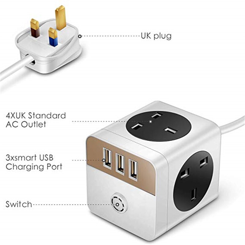 Cube Extension Lead with 3 USB 4 Way Swithed Surge... – Grandado