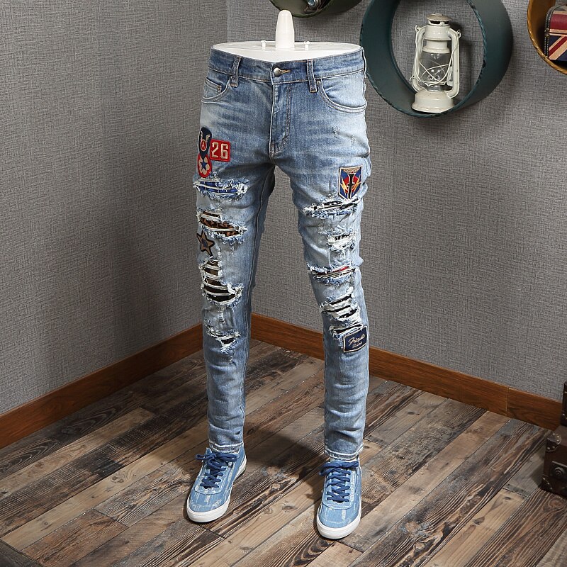 Men Jeans Slim Fit Patches Decoration Elastic Ripp... – Vicedeal