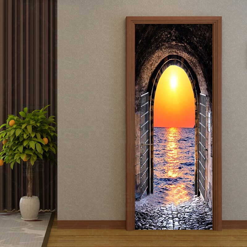 PVC Door Sticker 3D Sunset Seaside Landscape Wallp... – Grandado