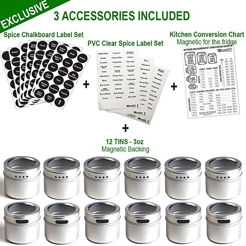 12 Magnetic Spice Tins & 2 Types of Spice Labels, ... – Grandado