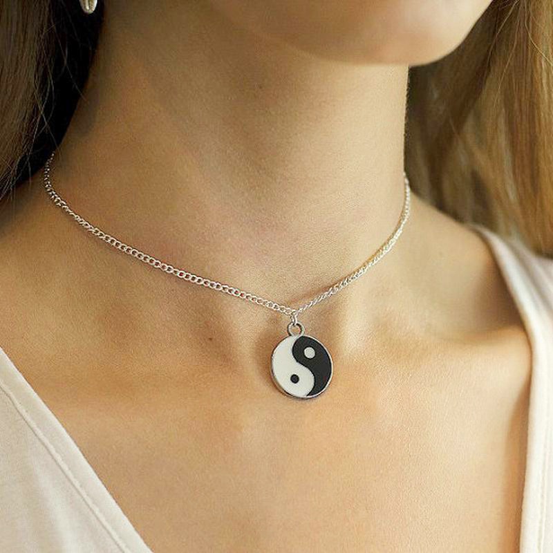 Enamel Yin Yang Pendant Necklace Chain Silver Plat... – Grandado