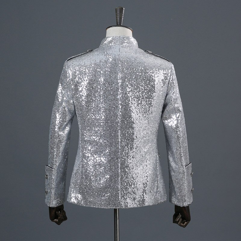 Men's One Button Silver Sequin Stand Collar Stripe... – Grandado