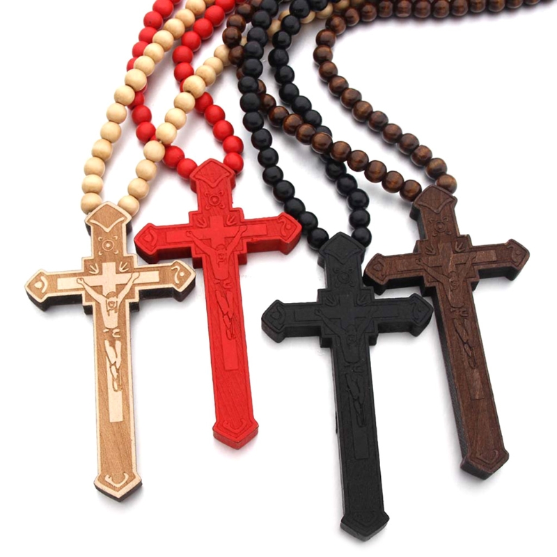 Catholic Cross Necklace with Wooden Beads Rosary R... – Grandado