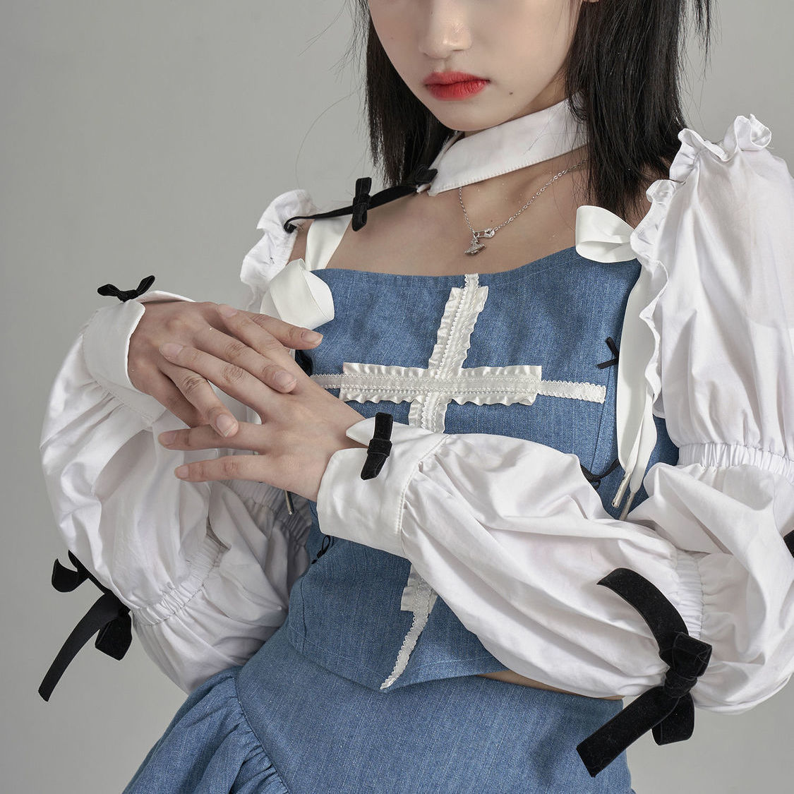 Mori E Girl Bow Puff Sleeve Set Women Korean Kawai... – Vicedeal