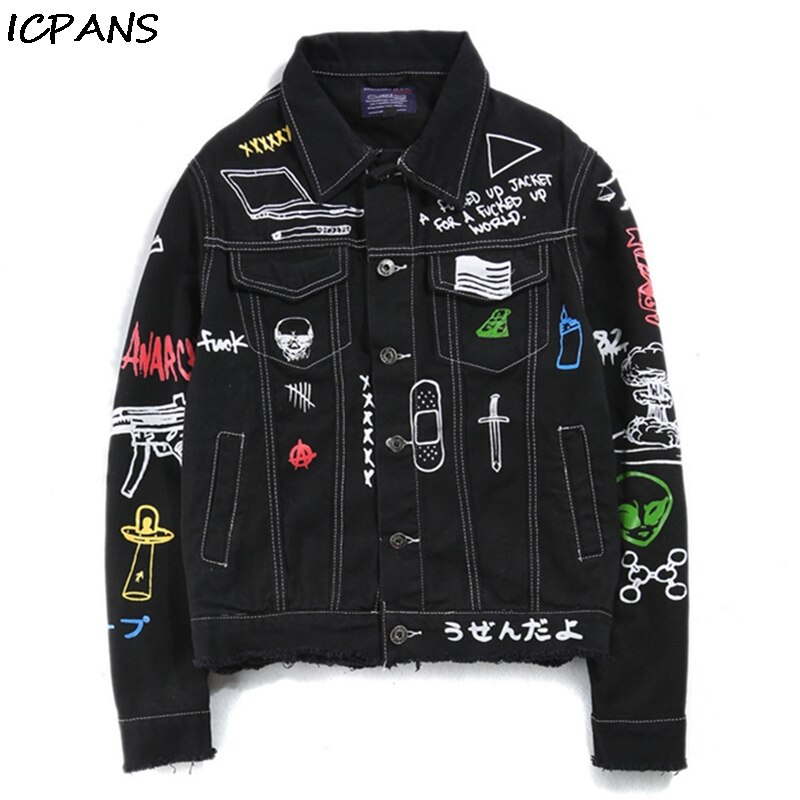 ICPANS Hip Hop Printed Denim Jeans Jacket Men Cott... – Grandado