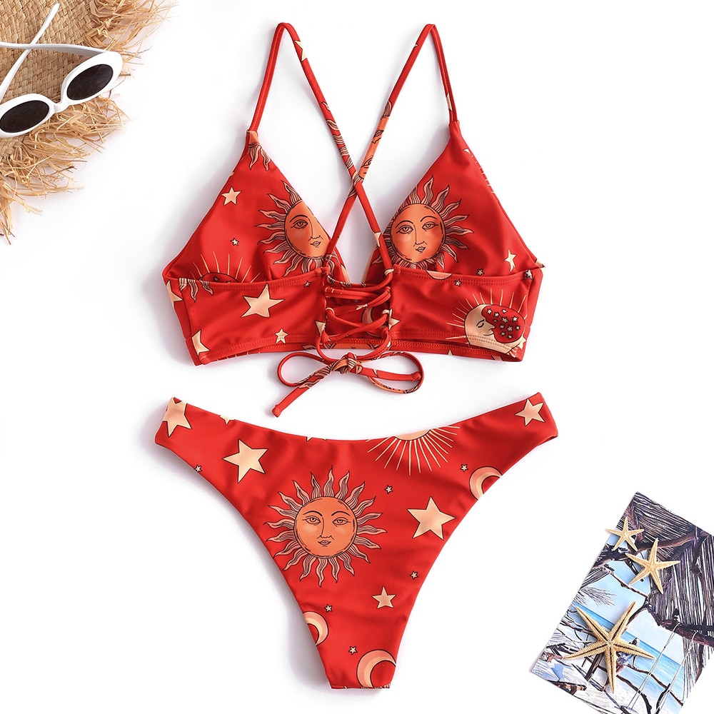 ZAFUL Star Sun Moon Lace Up Bikini Set Spaghetti S... – Grandado