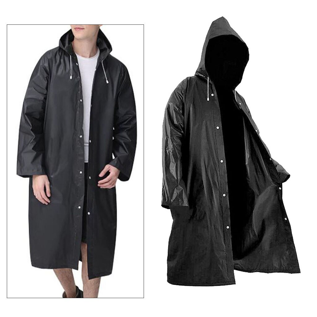 Black Packable Long Hooded Rain Jacket Waterproof ... – Grandado