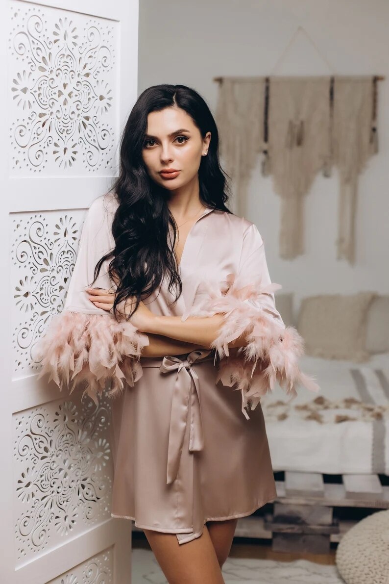 Feather Robe Bridesmaid Robes Bridal Gowns Feather... – Vicedeal