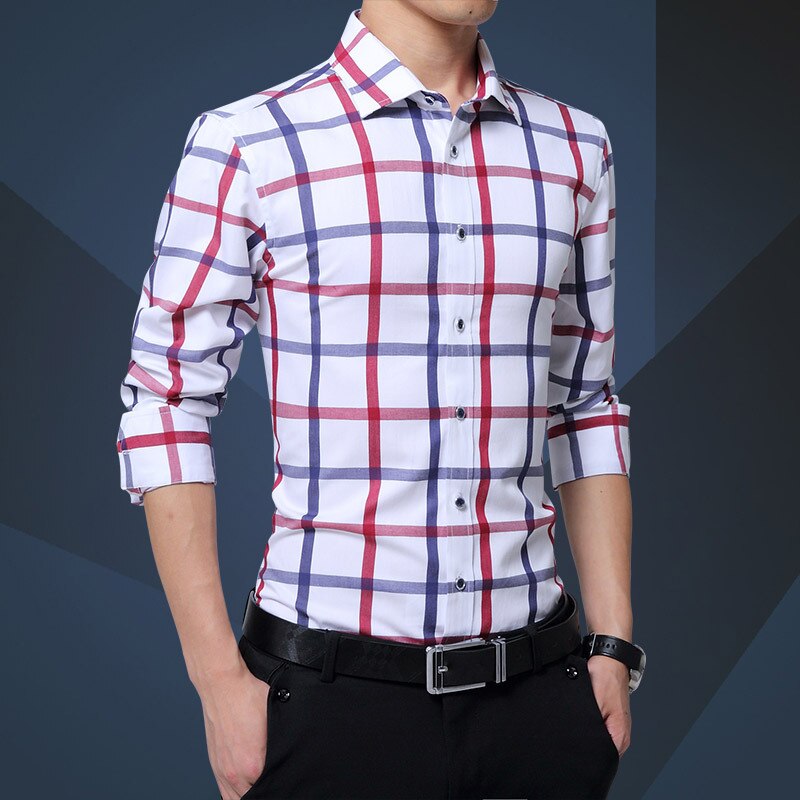 Good Men Spring Shirt Slim Fit Plaid Shirts Long S... – Grandado