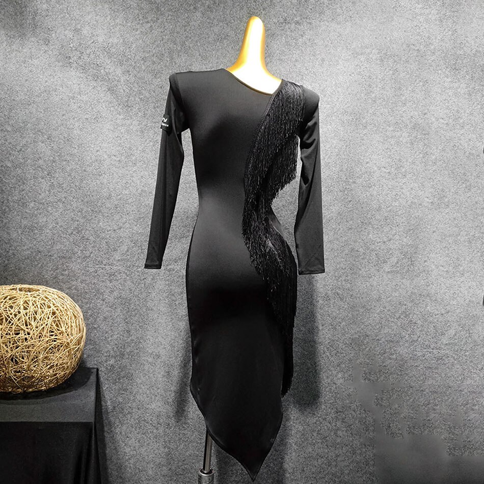 Long Sleeve Black Tassel Latin Dance Dress Dancing... – Vicedeal