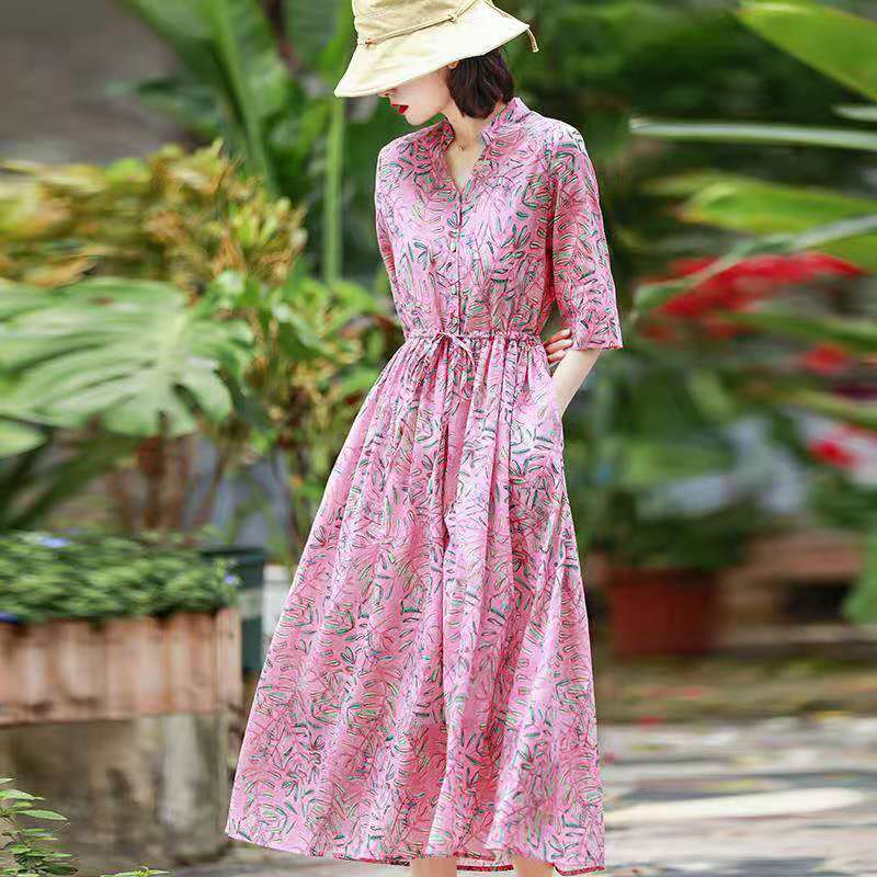 Lady Linen Three Quarter Sleeve Dress Summer Vinta... – Grandado