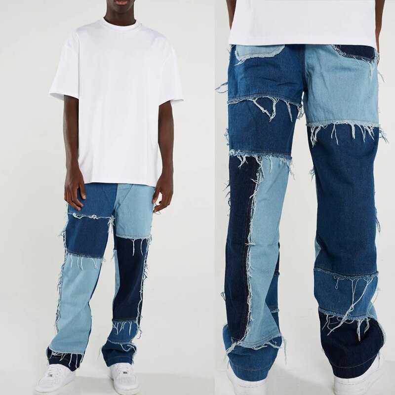 DEWADBOW Men Wash Splice Casual Straight Jeans Tro... – Grandado