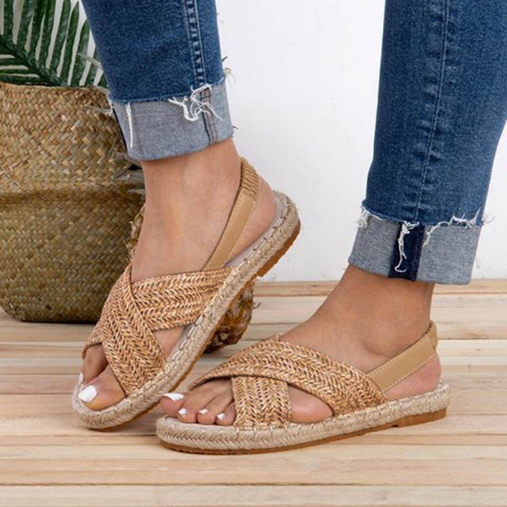Womens Sandals Flats Straw Hemp Rope Elastic Band ... – Grandado