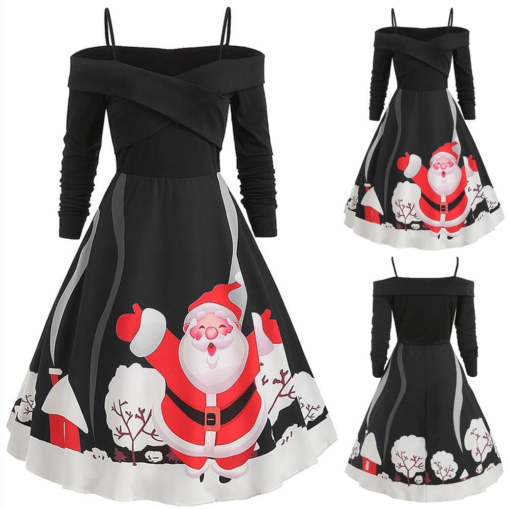 Women's Christmas Print Lace Dress Sling Off-Shoul... – Vicedeal