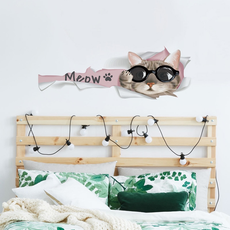 Cute Cartoon Meow cat wall sticker for living room... – Grandado