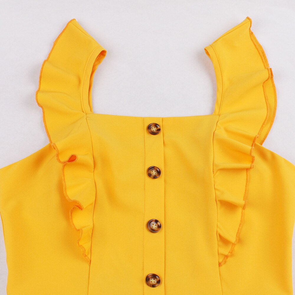 Yellow Square Collar Sleeveless Ruffles Women Vint... – Grandado