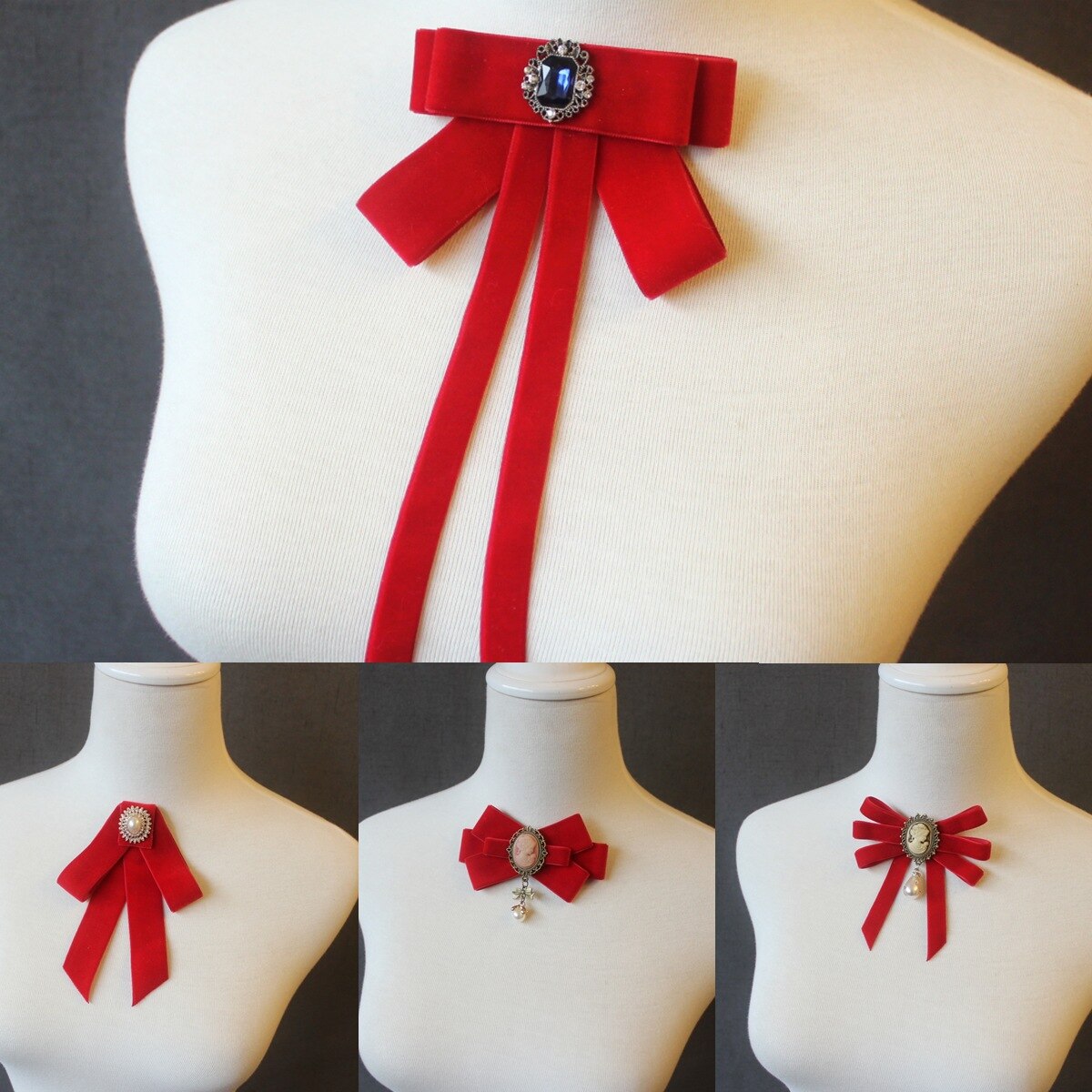 Handmade Vintage Red Velvet Bow Ties Collar Dress ... – Vicedeal