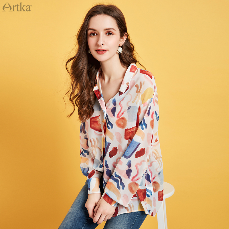 Artka spring damebluse vintage print chiffon skjor... – Grandado
