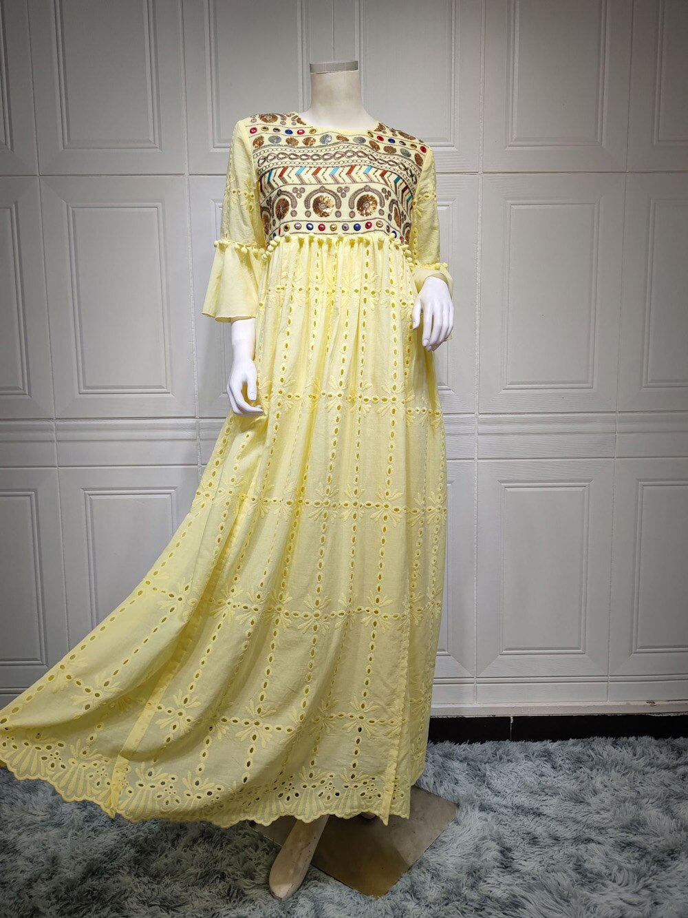 Wit Geel Groen Katoen Moslim Zomer Lange Jurk Vrou... – Vicedeal