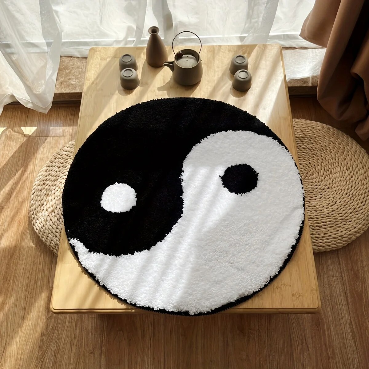Yin and Yang Symbol Fluffy Circle Soft Rug Black a... – Grandado