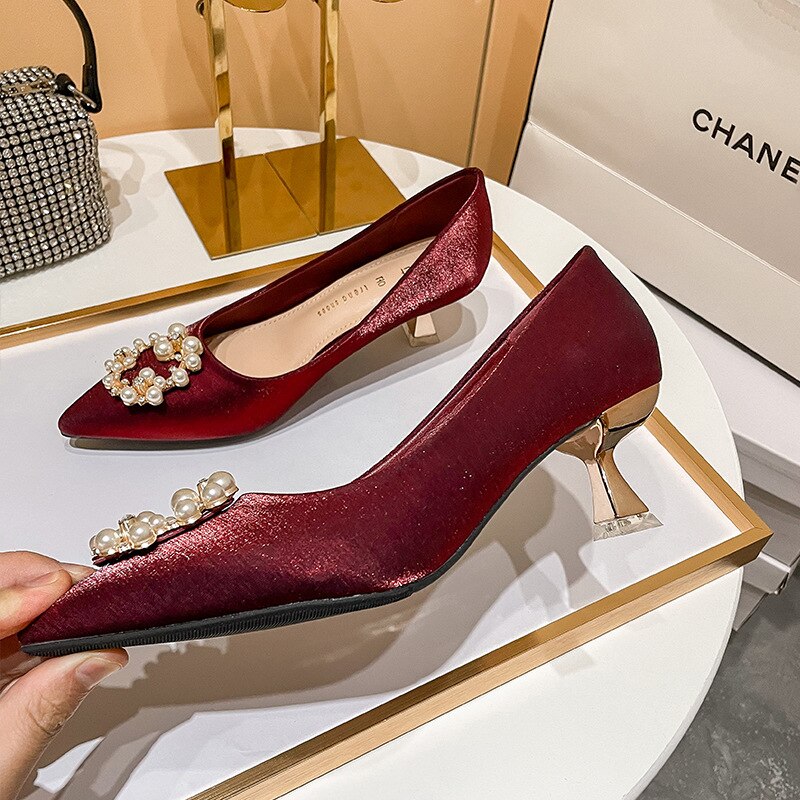 5cm Pointed Toe Silk Pumps with Beaded Rhinestone ... – Grandado