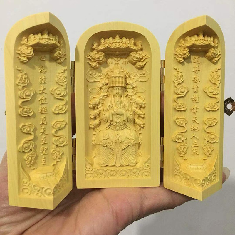 Round shape jade emperor wood carving,Triptych sol... – Grandado