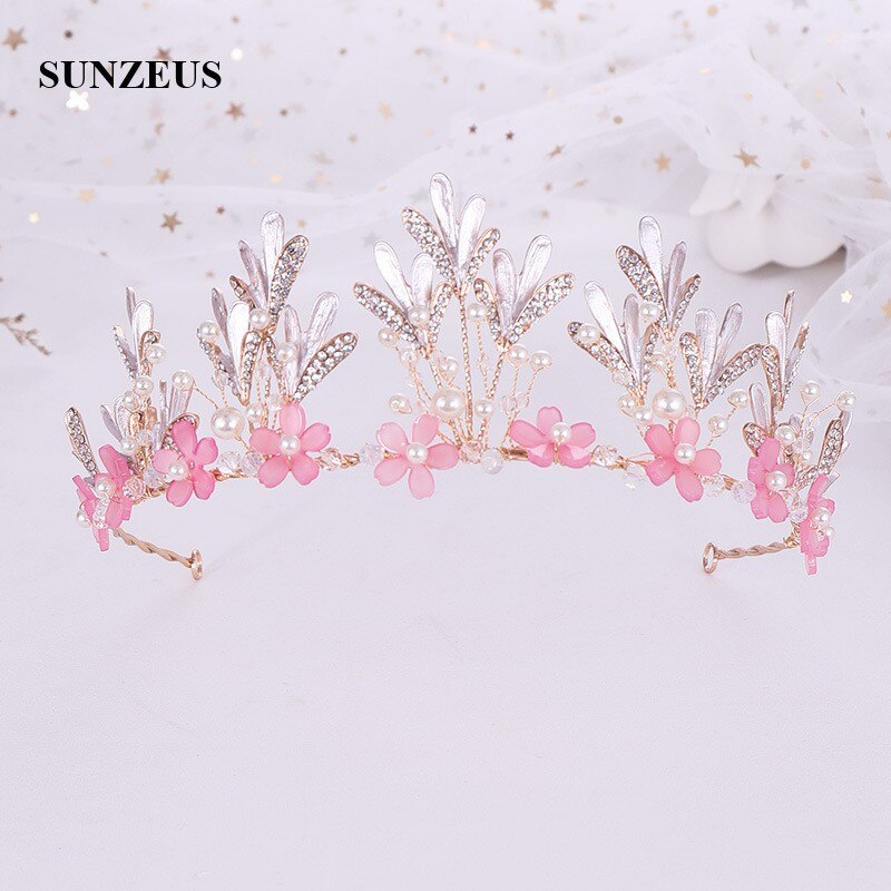 Pink Flowers Girls Crowns Crystals Beaded Leaves C... – Grandado