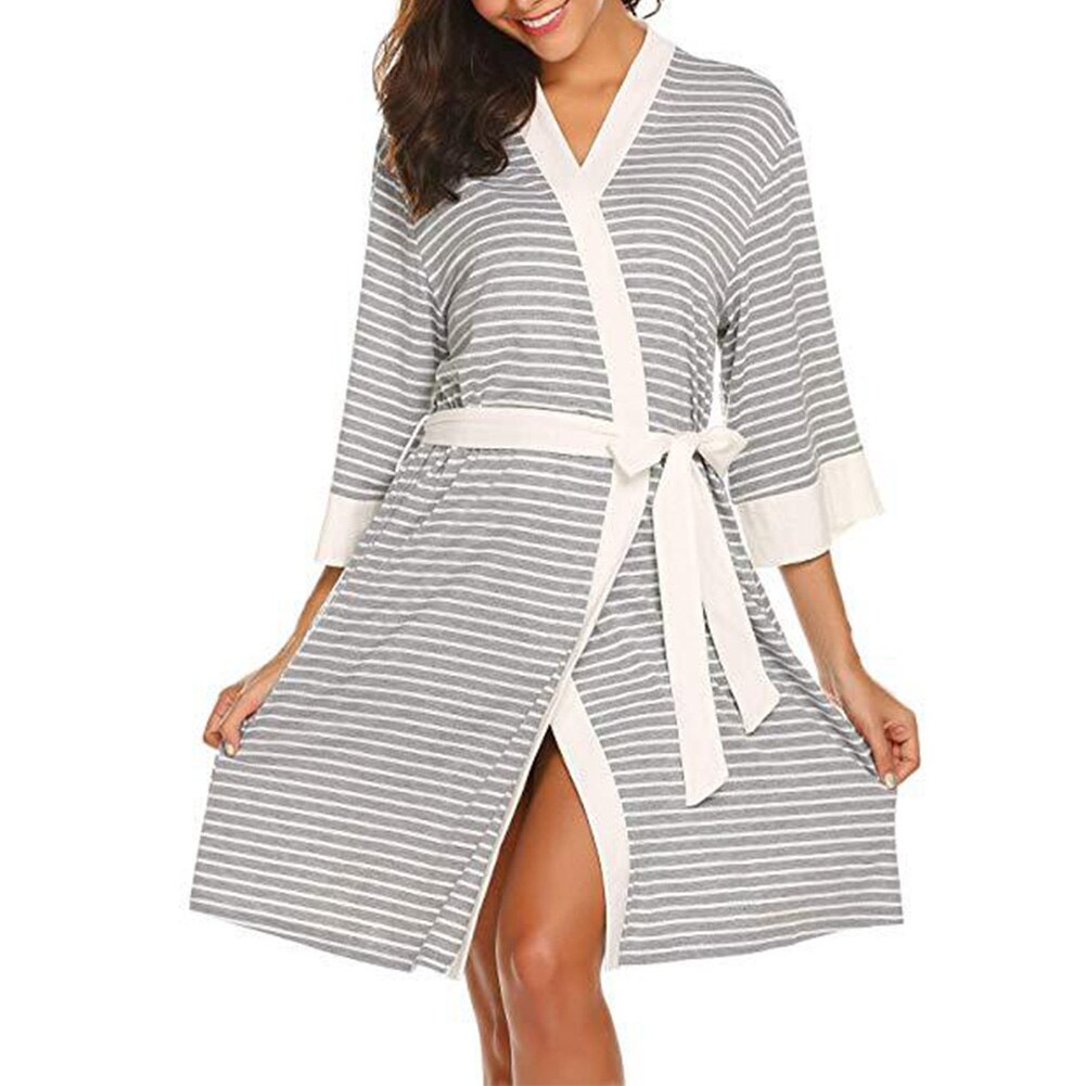 V Neck Striped Soft Maternity Robe Tie Waist Cotto... – Grandado
