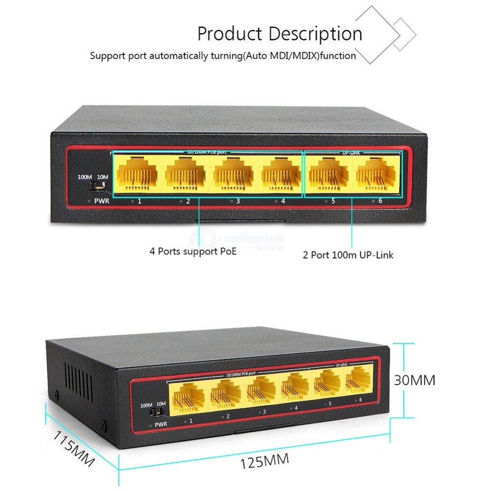 Porta de Rede 6 10/100 Mbps 2 Up-Link 4CH POE Swit... – Grandado