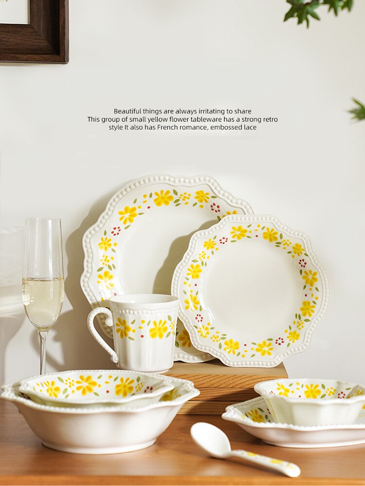 Bol de petit déjeuner à fleurs jaunes rétro, plat ... – Grandado
