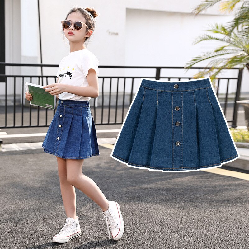 Girls' Dark Blue Elastic Belt Pleated Denim Sk... – Grandado