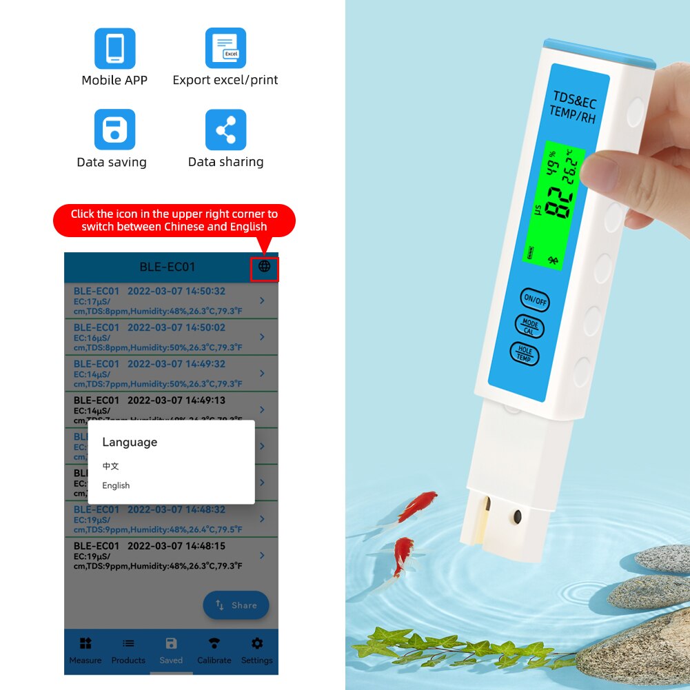 Multifunction Temp Humidity TDS EC Meter BlueTooth... – Grandado