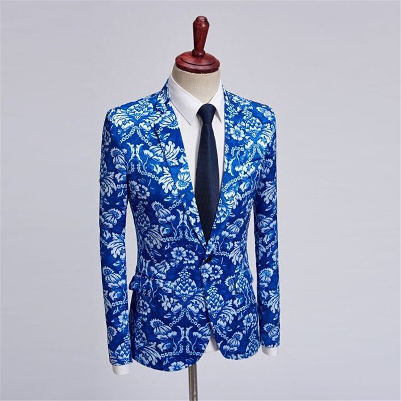 Männer Blau Drucken Floral Anzug Frühling Herbst D... – Vicedeal