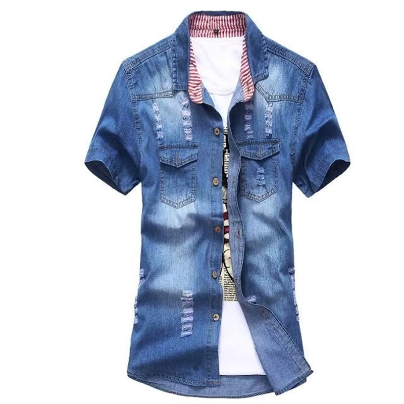 men Short sleeve Blue Ripped Jean Shirt Summer Thi... – Vicedeal